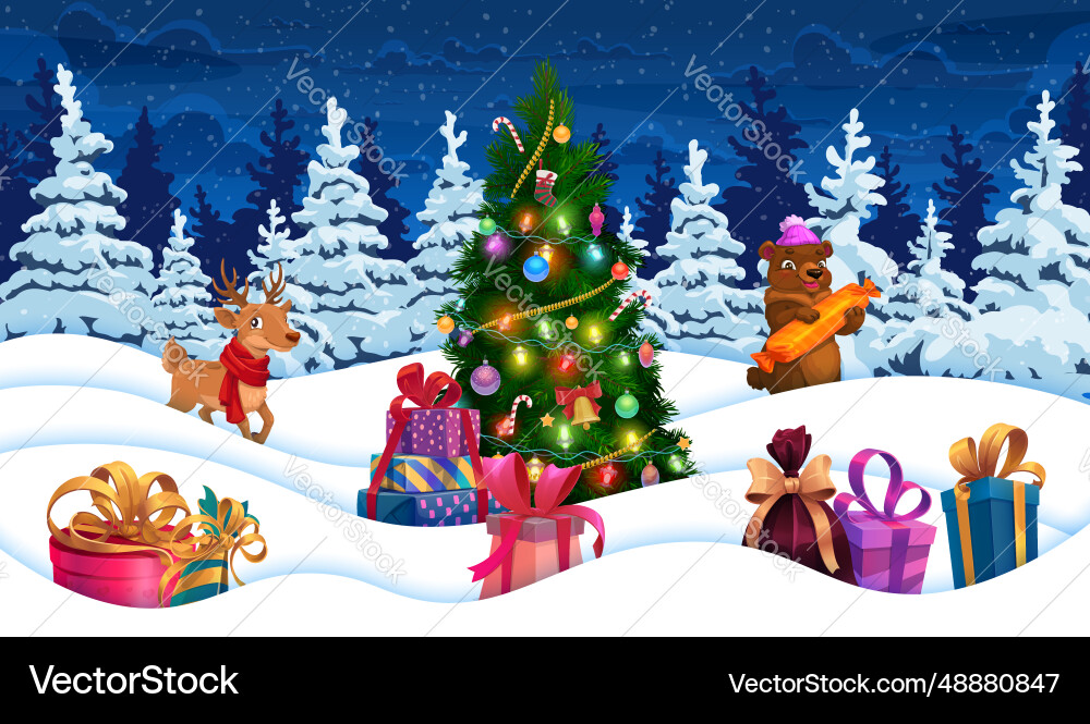 Christmas paper cut forest landscape with animals Vector Image