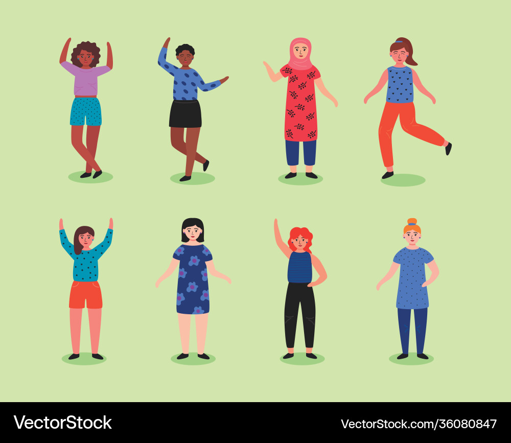 Group eight young women standing avatars Vector Image
