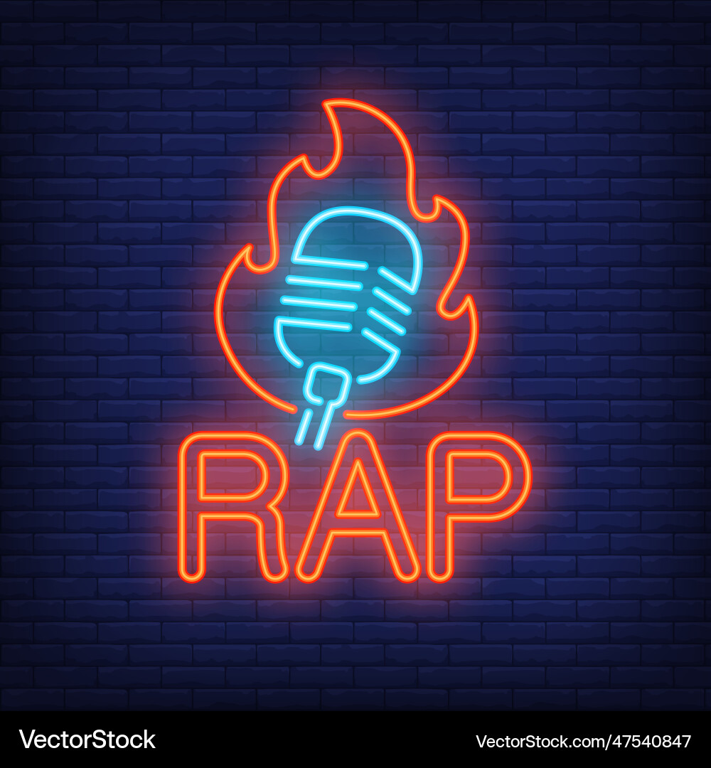 Rap neon word and microphone in flame outline Vector Image