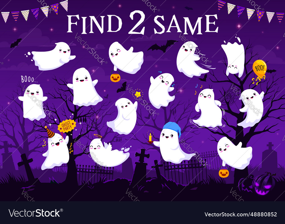 Kids game find two same kawaii halloween ghosts Vector Image