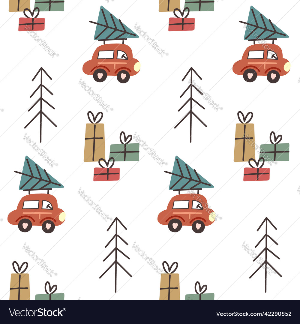 Seamless pattern of cars transporting christmas Vector Image