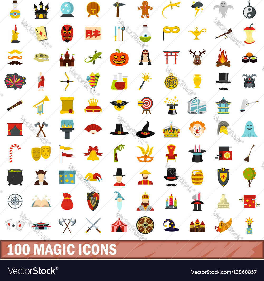 100 magic icons set flat style Royalty Free Vector Image