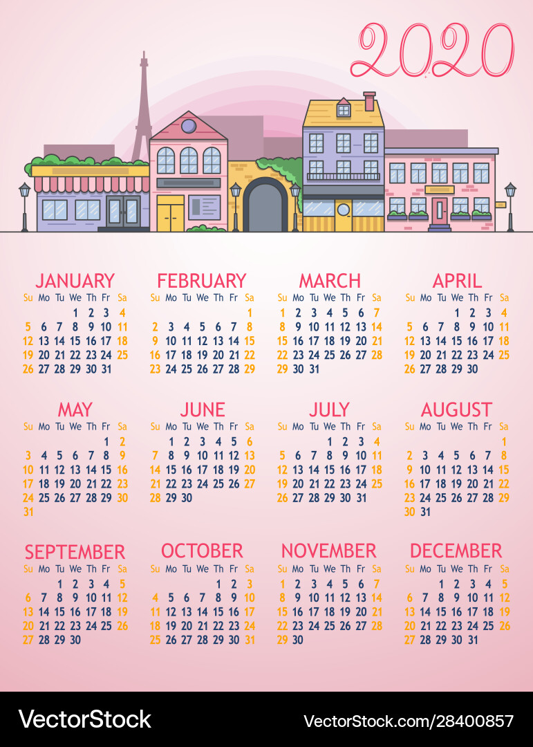 2020 new year calendar grid week starts Royalty Free Vector