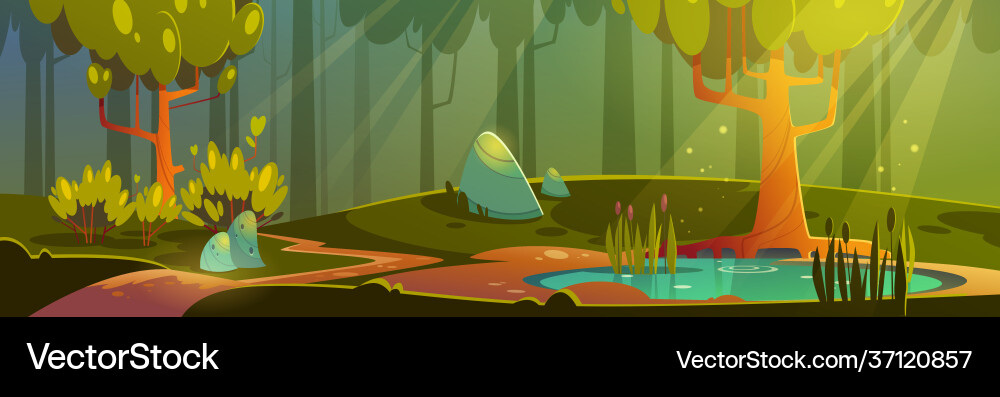 Cartoon forest background with pond or swamp Vector Image