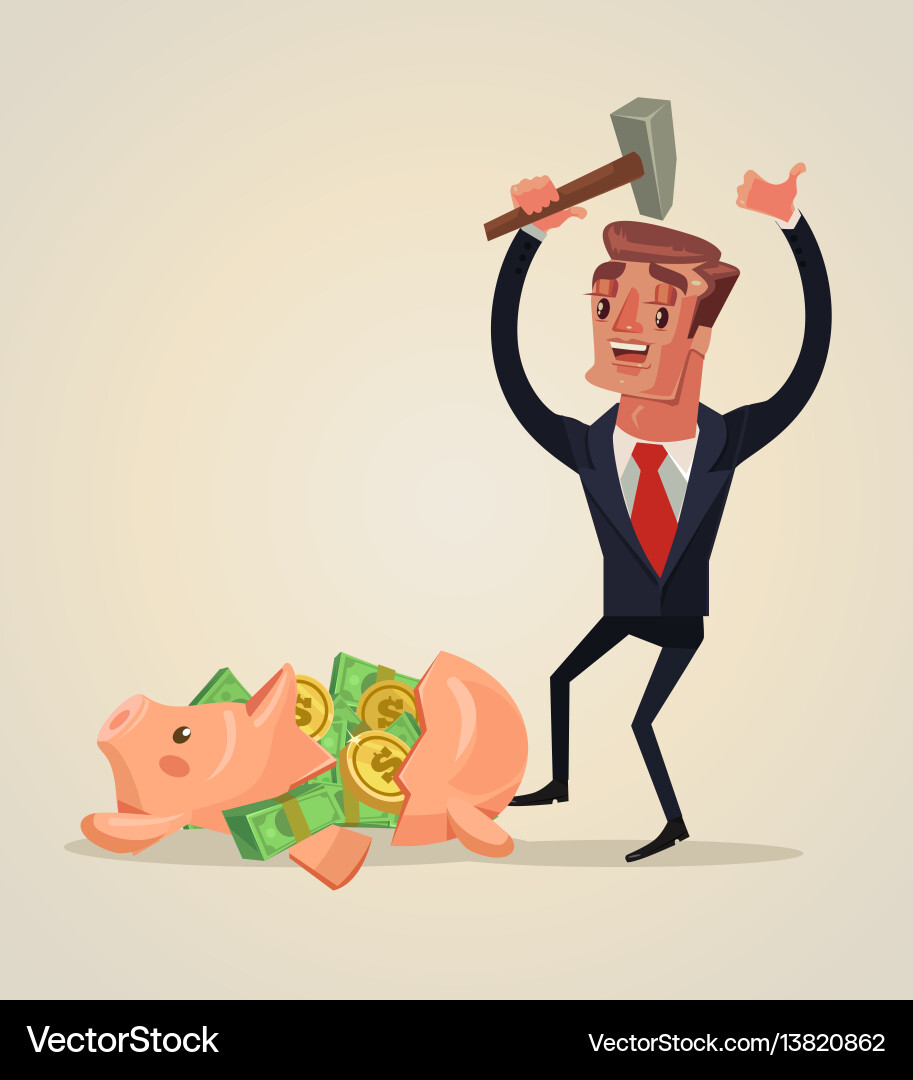 Businessman character smashed piggy bank Vector Image
