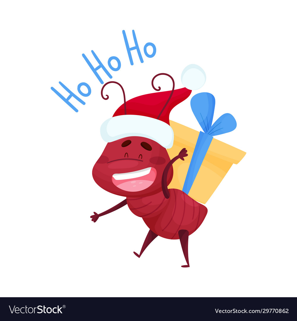 Cute Ant Character Wearing Santas Hat And Carrying