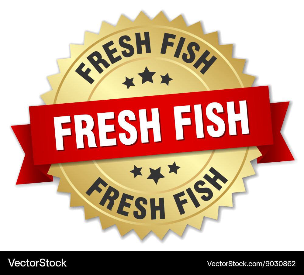 Fresh fish 3d gold badge with red ribbon Vector Image