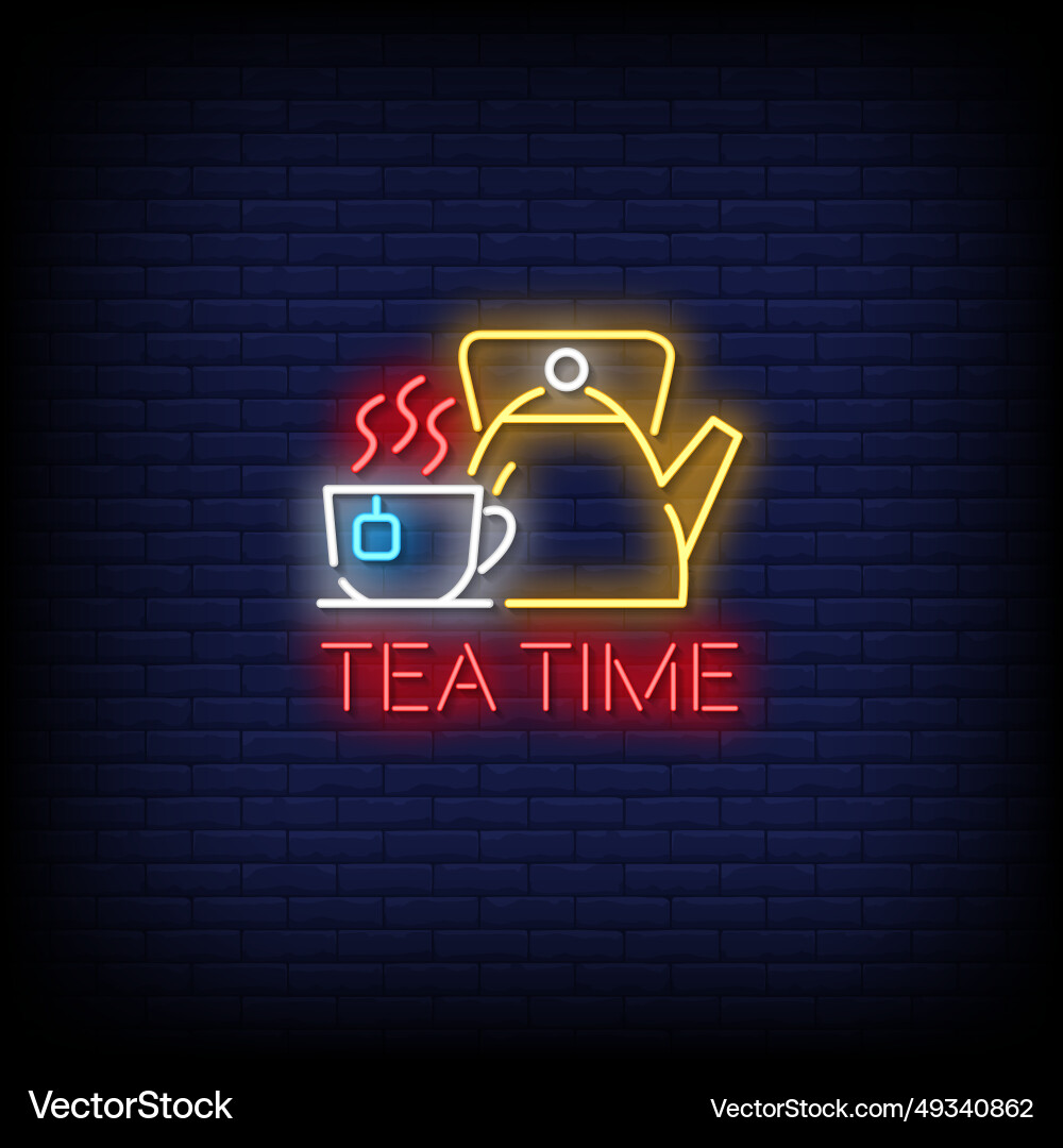 Neon sign tea time with brick wall background vect
