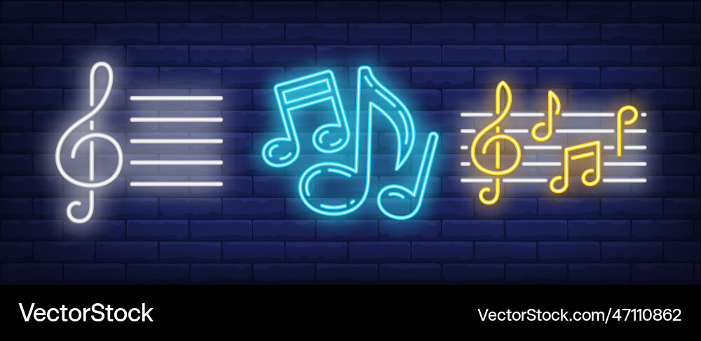 Stave treble clef and music notes neon signs set Vector Image