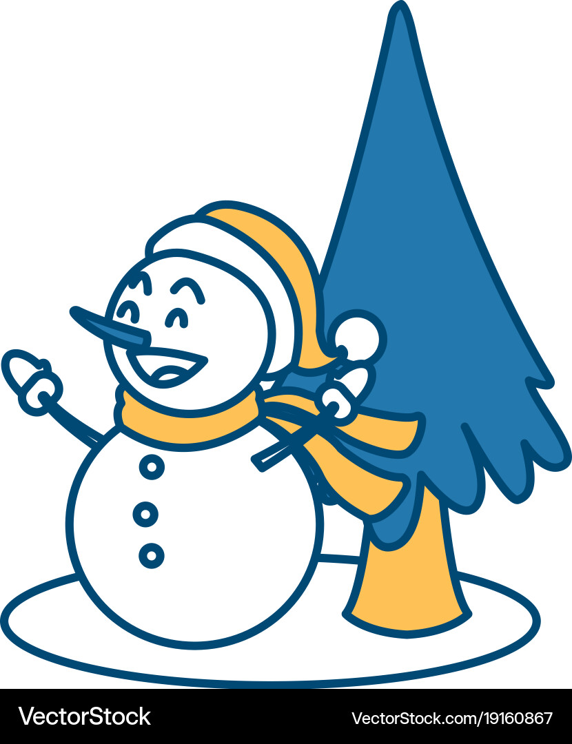 Snowman and tree christmas cartoon Royalty Free Vector Image