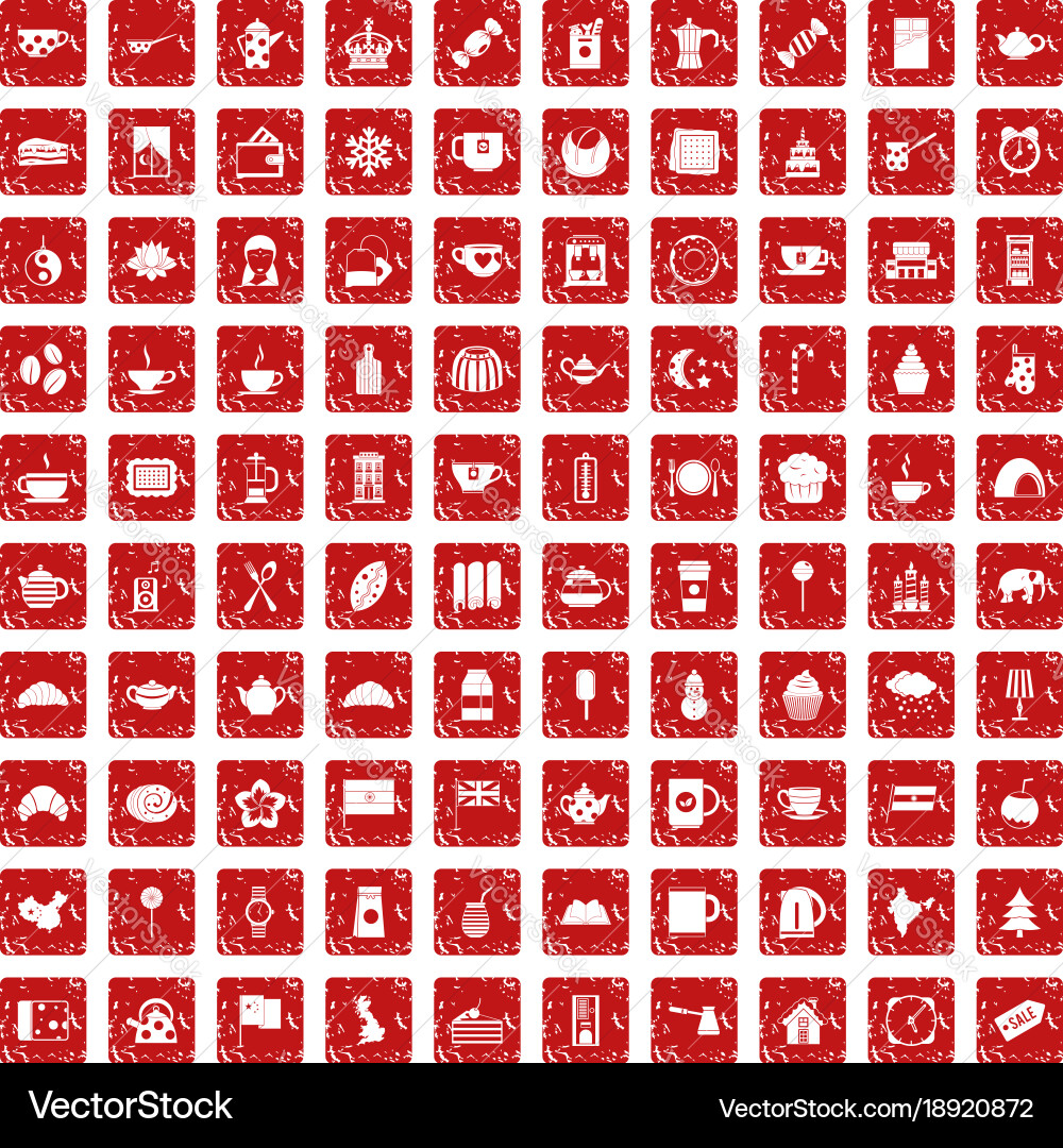 100 tea cup icons set grunge red Royalty Free Vector Image