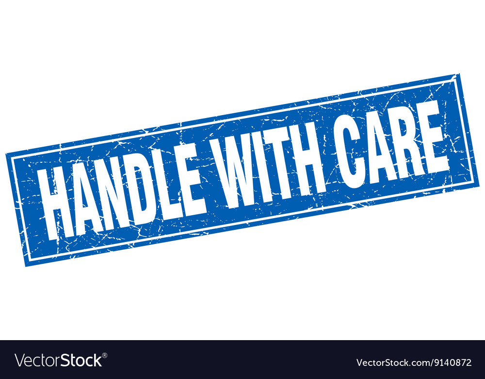 Handle with care blue square grunge stamp on white