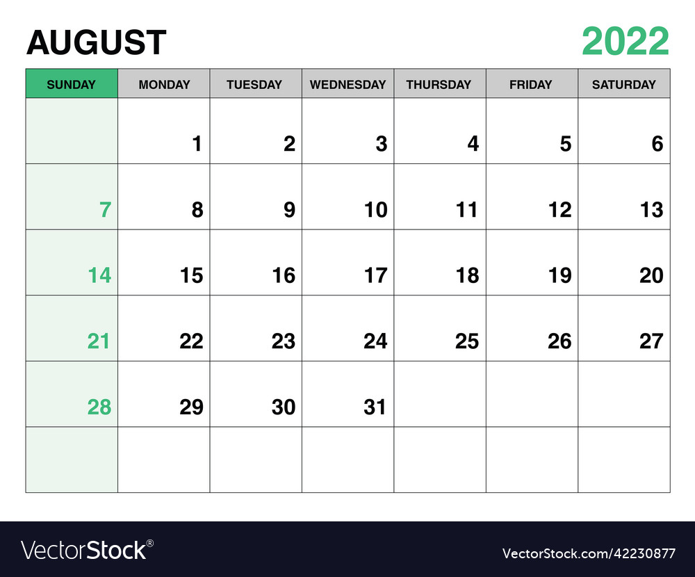 August 2022 year planner template-calendar Vector Image