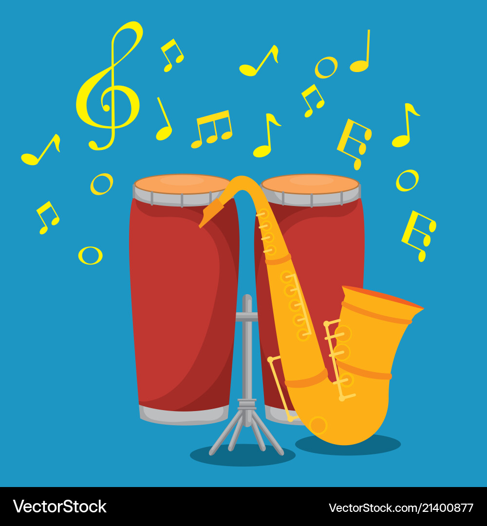 Bongos and saxophone musical instruments label Vector Image