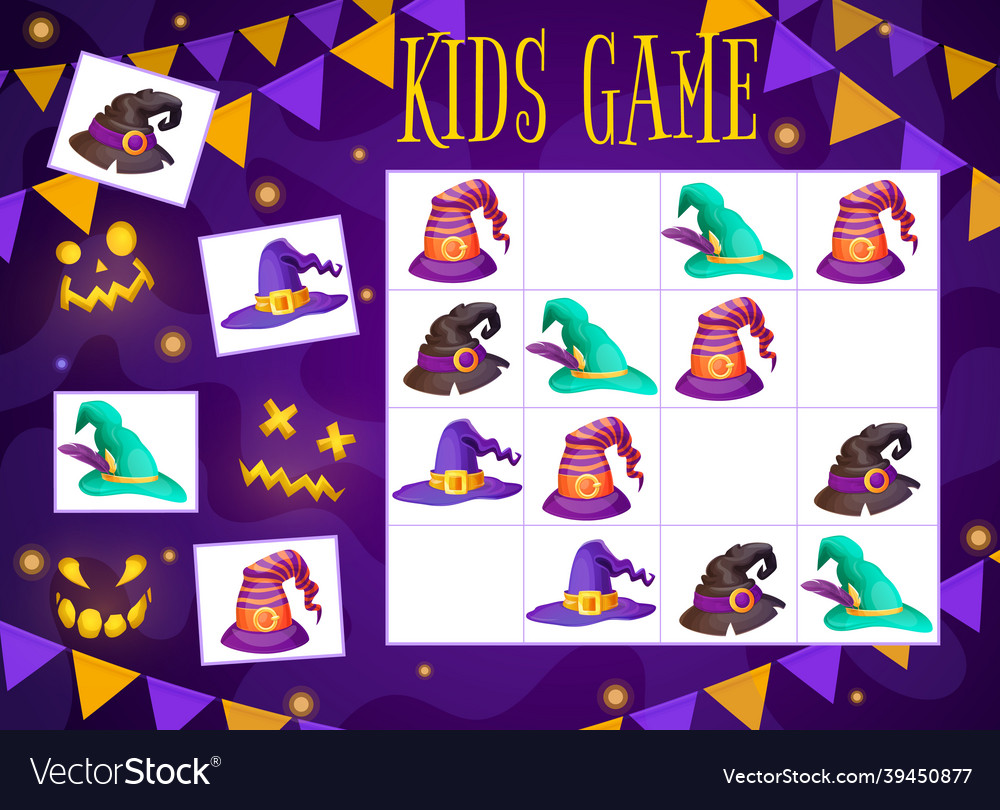 Halloween kids maze game wizard and witch hats Vector Image