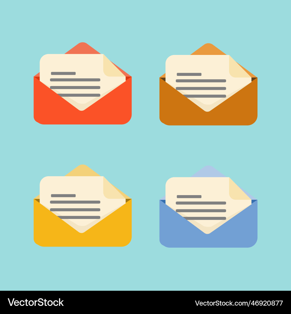 Set of 4 colors flat envelopes on white background