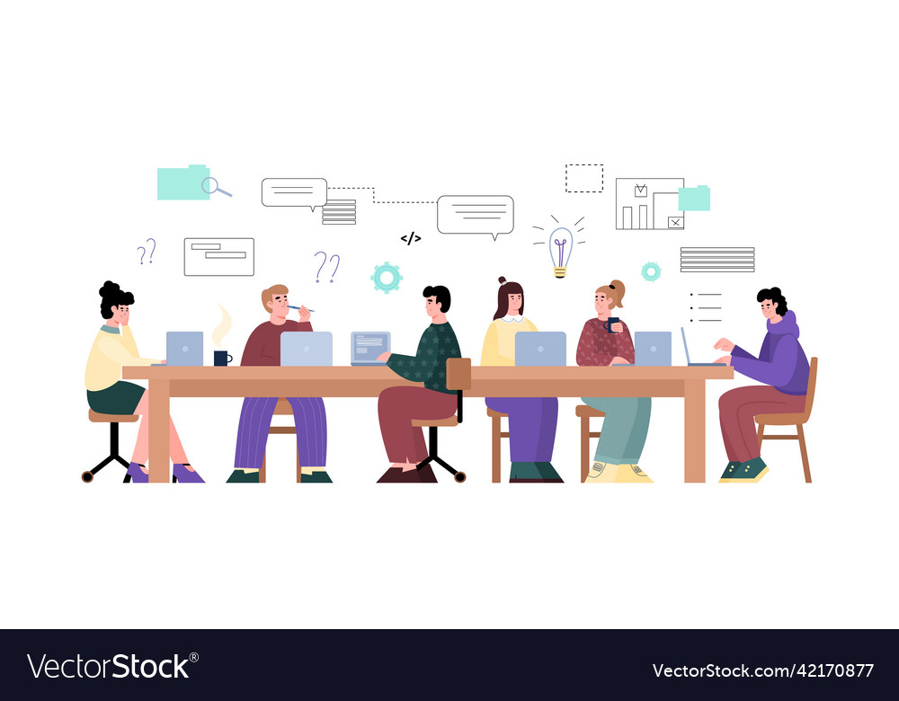 Young people work at a computer in the office Vector Image