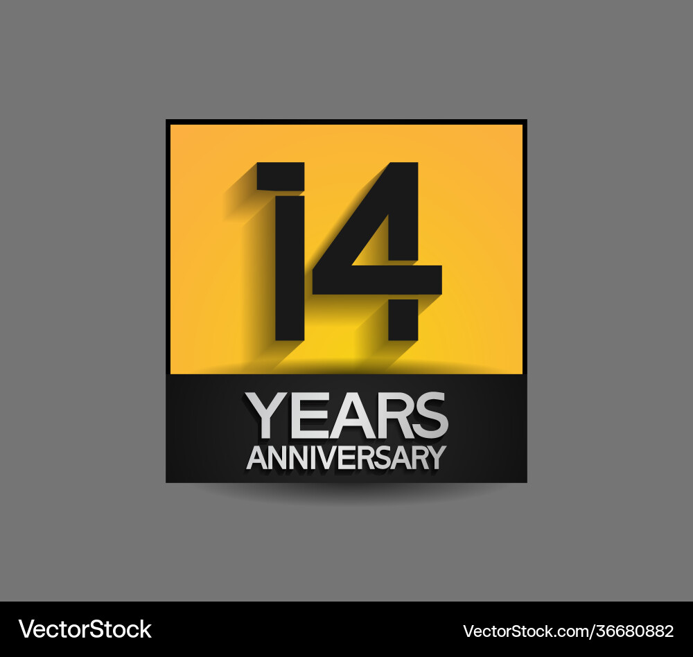 14 years anniversary in square yellow and black Vector Image