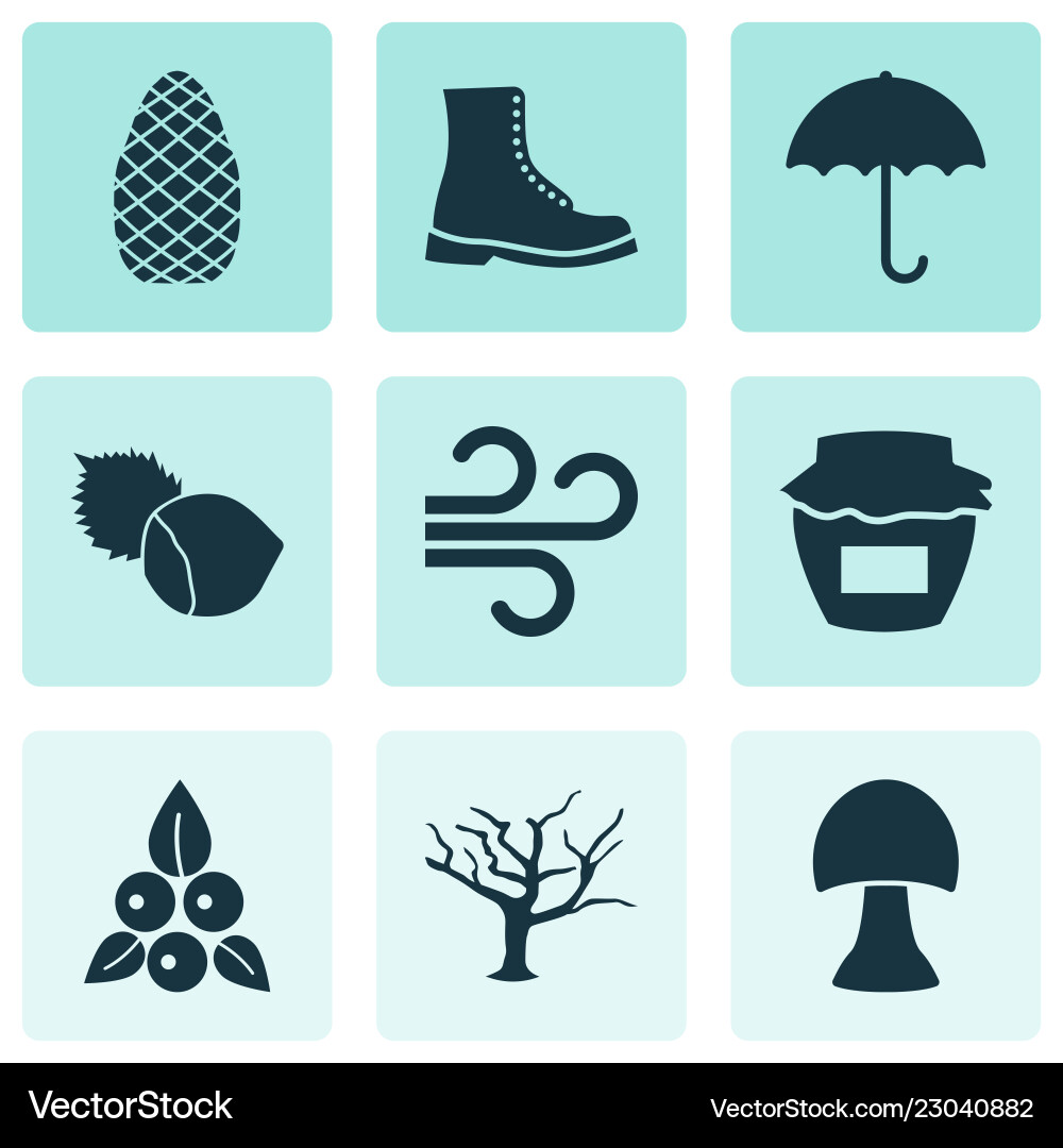 Autumn icons set with tree umbrella jam Royalty Free Vector