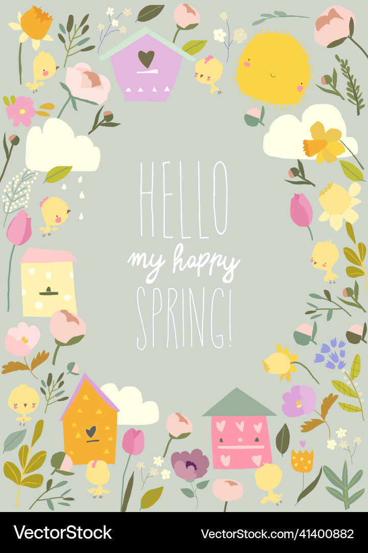 Cute frame composed of spring flowers birds Vector Image