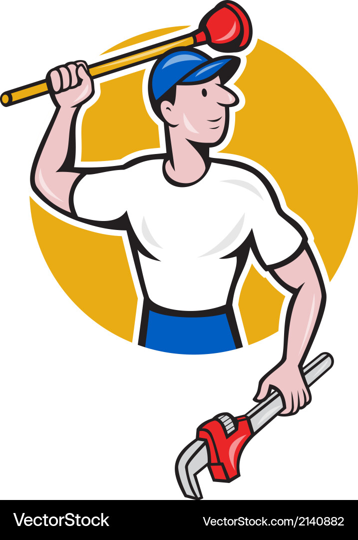 Plumber wielding wrench plunger cartoon Royalty Free Vector