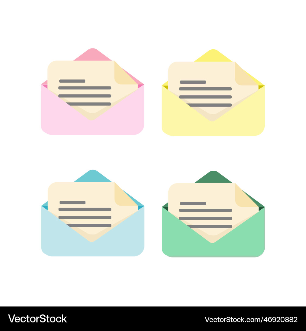 Set of 4 colors flat envelopes on white background