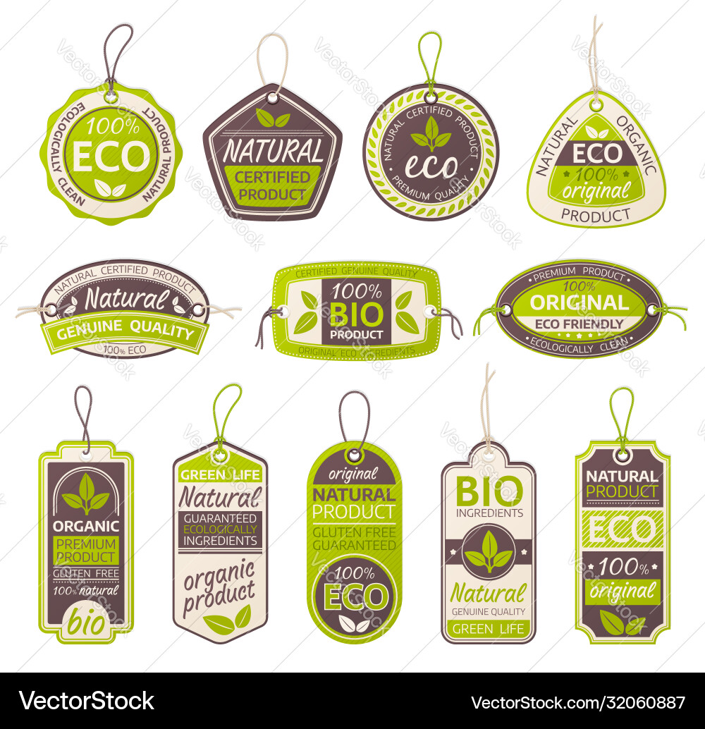 Eco bio and natural product labels set Royalty Free Vector