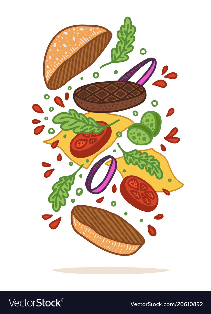 Flipping burger food levitation Royalty Free Vector Image