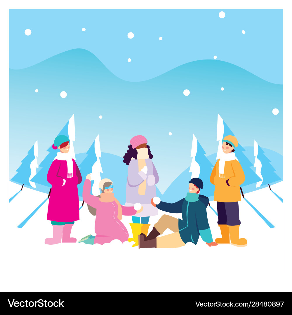 Group people with winter clothes in landscape Vector Image