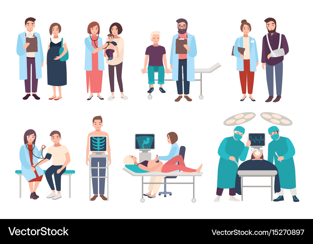 Set doctors and patients in polyclinic Royalty Free Vector