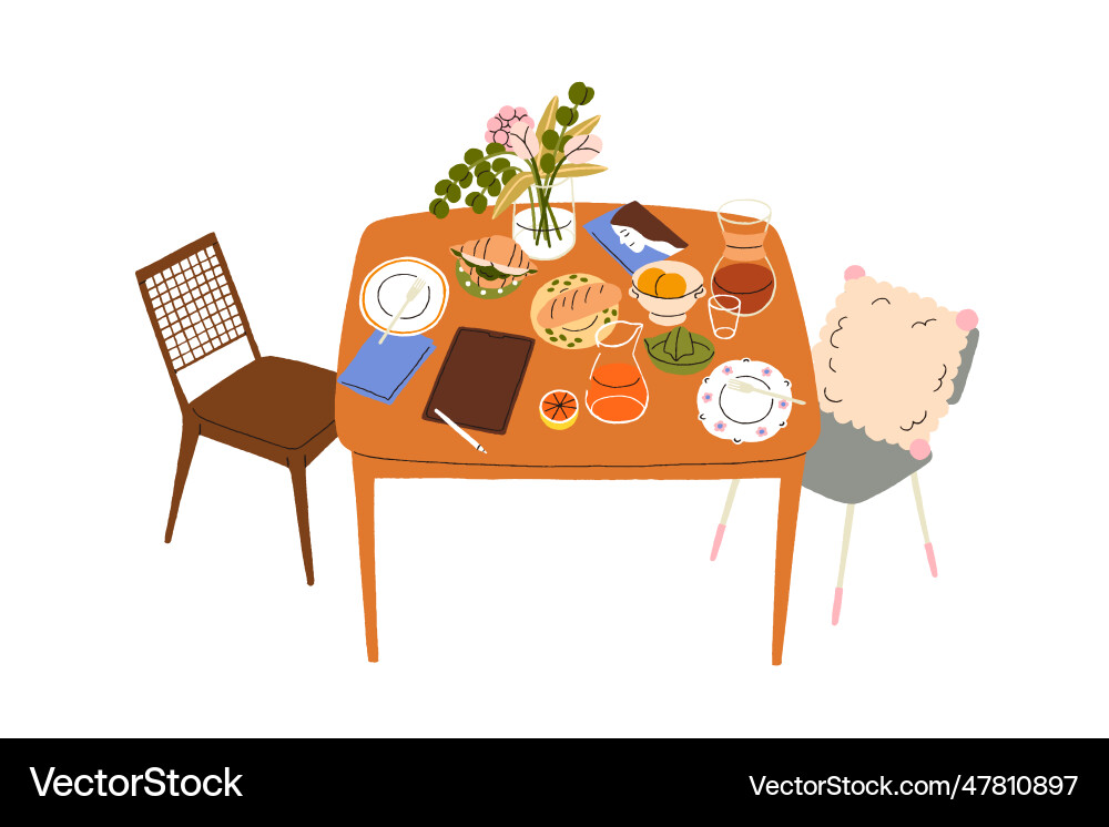 Table set with breakfast food served with dishes Vector Image