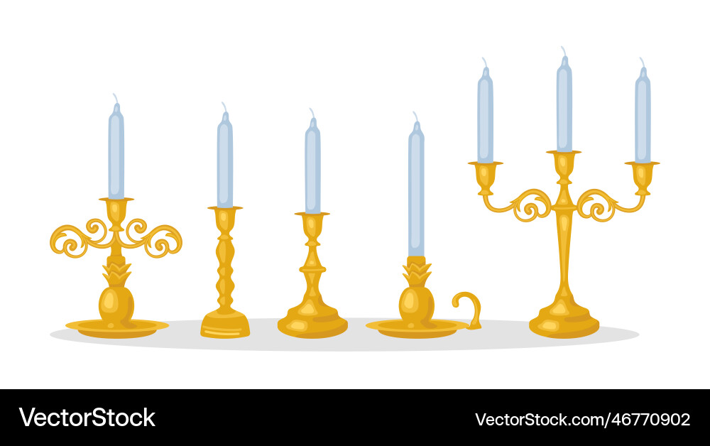 Gold vintage candlesticks with candles set Vector Image