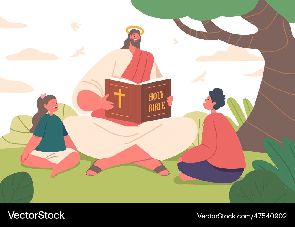 Jesus character seated on summer field captivates Vector Image