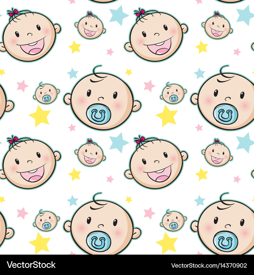 Seamless background with baby faces and stars Vector Image