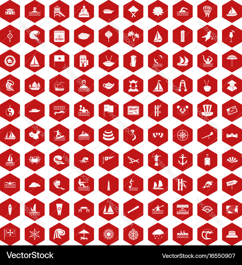 100 sailing vessel icons hexagon red Royalty Free Vector