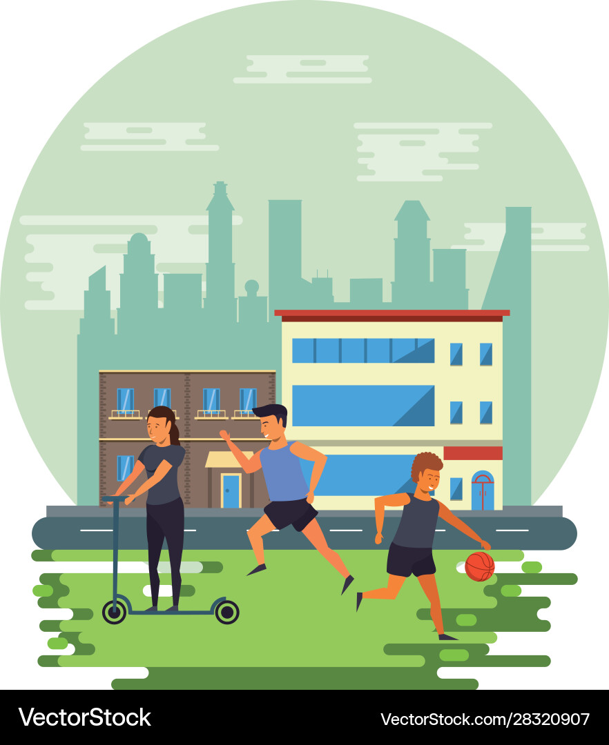 Athletes practicing sports on city Royalty Free Vector Image