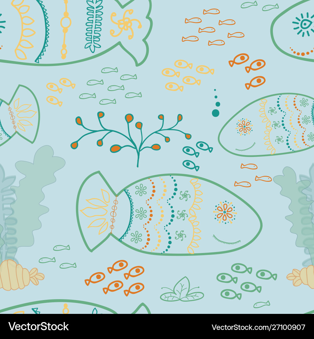 Underwater doodle fish schools seamless Royalty Free Vector