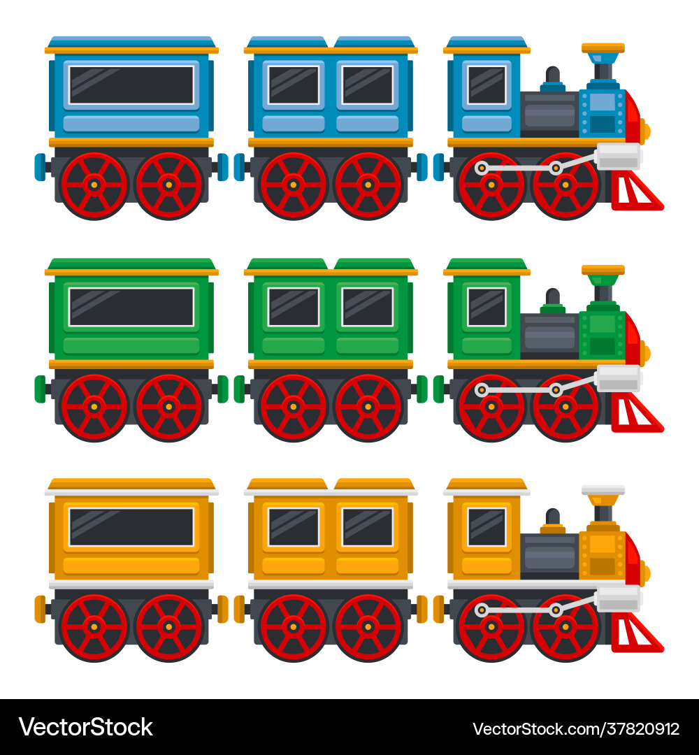 Cartoon toy train with wagons set Royalty Free Vector Image
