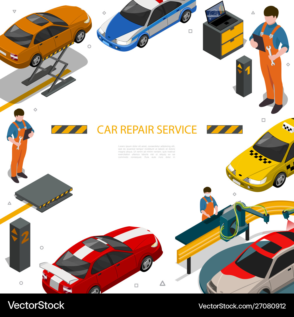 Isometric car repair service template Royalty Free Vector