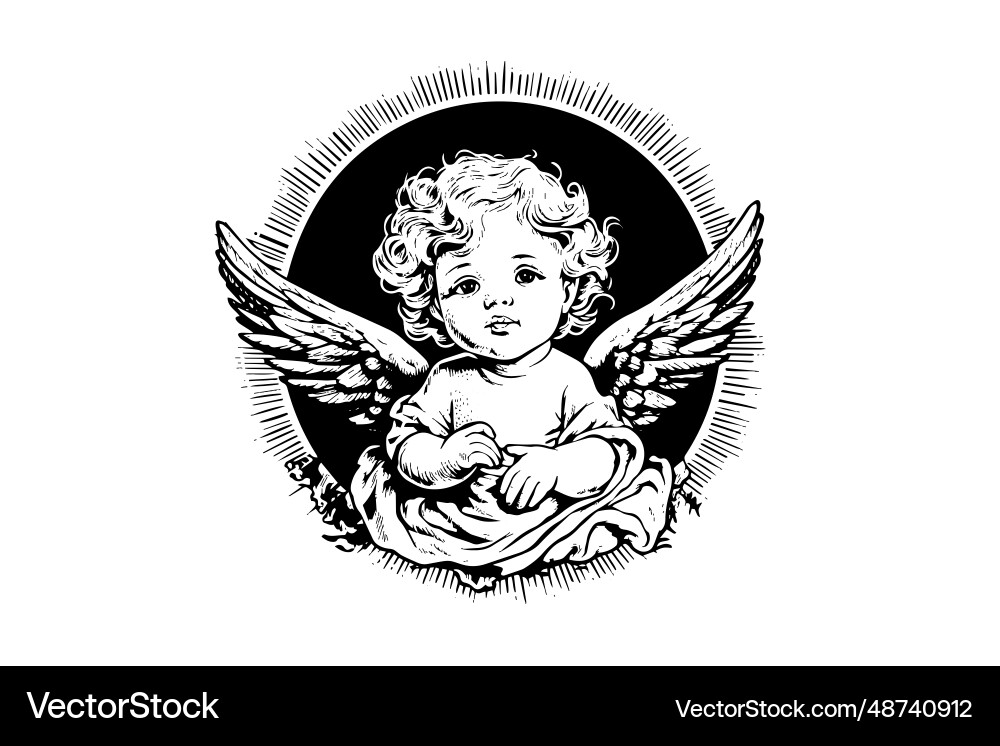 Little angel in frame retro style engraving Vector Image