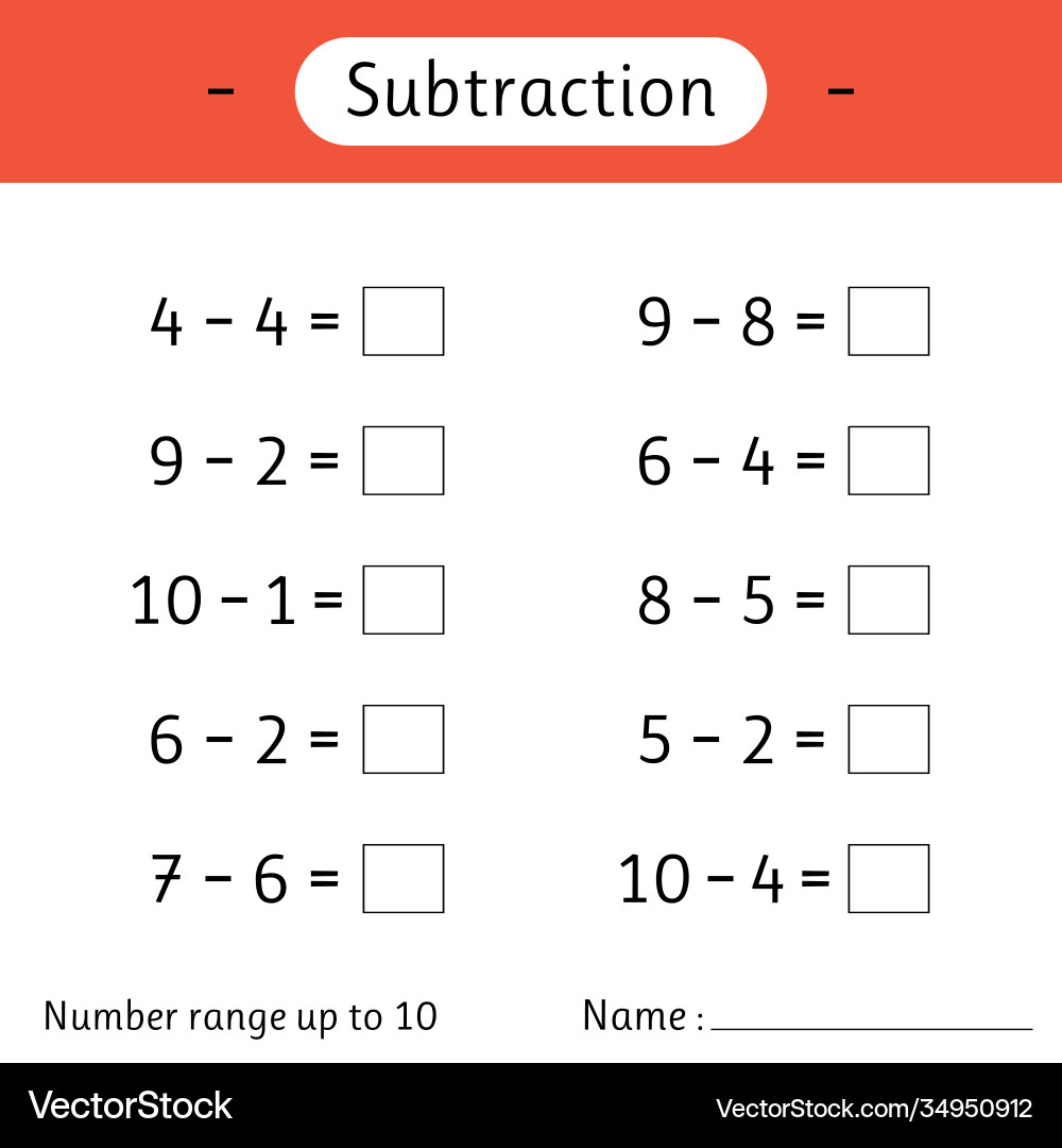 Subtraction number range up to 10 mathematics Vector Image