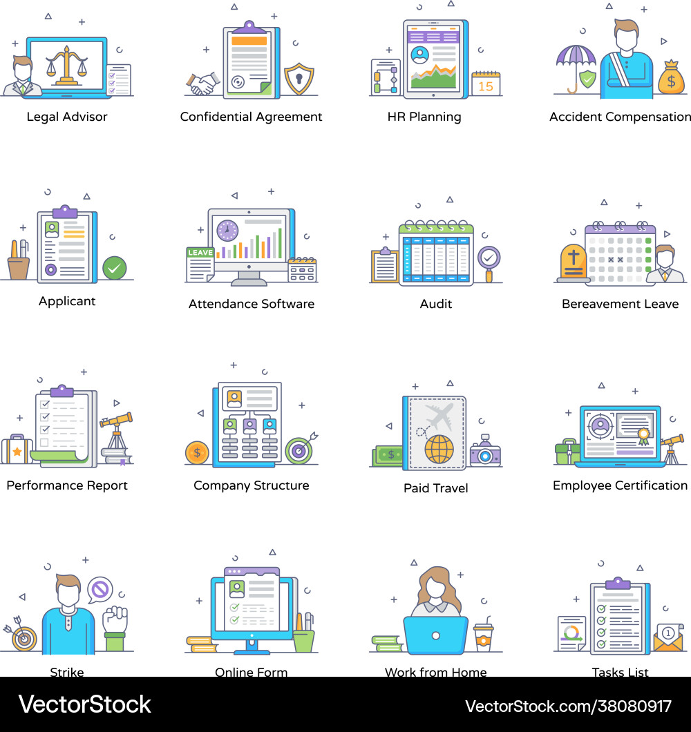 Flat outline employee rights and human Royalty Free Vector