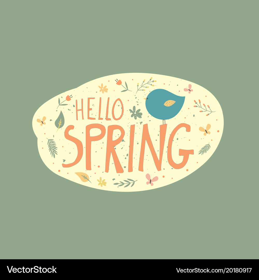 Green postcard with message hello spring Vector Image