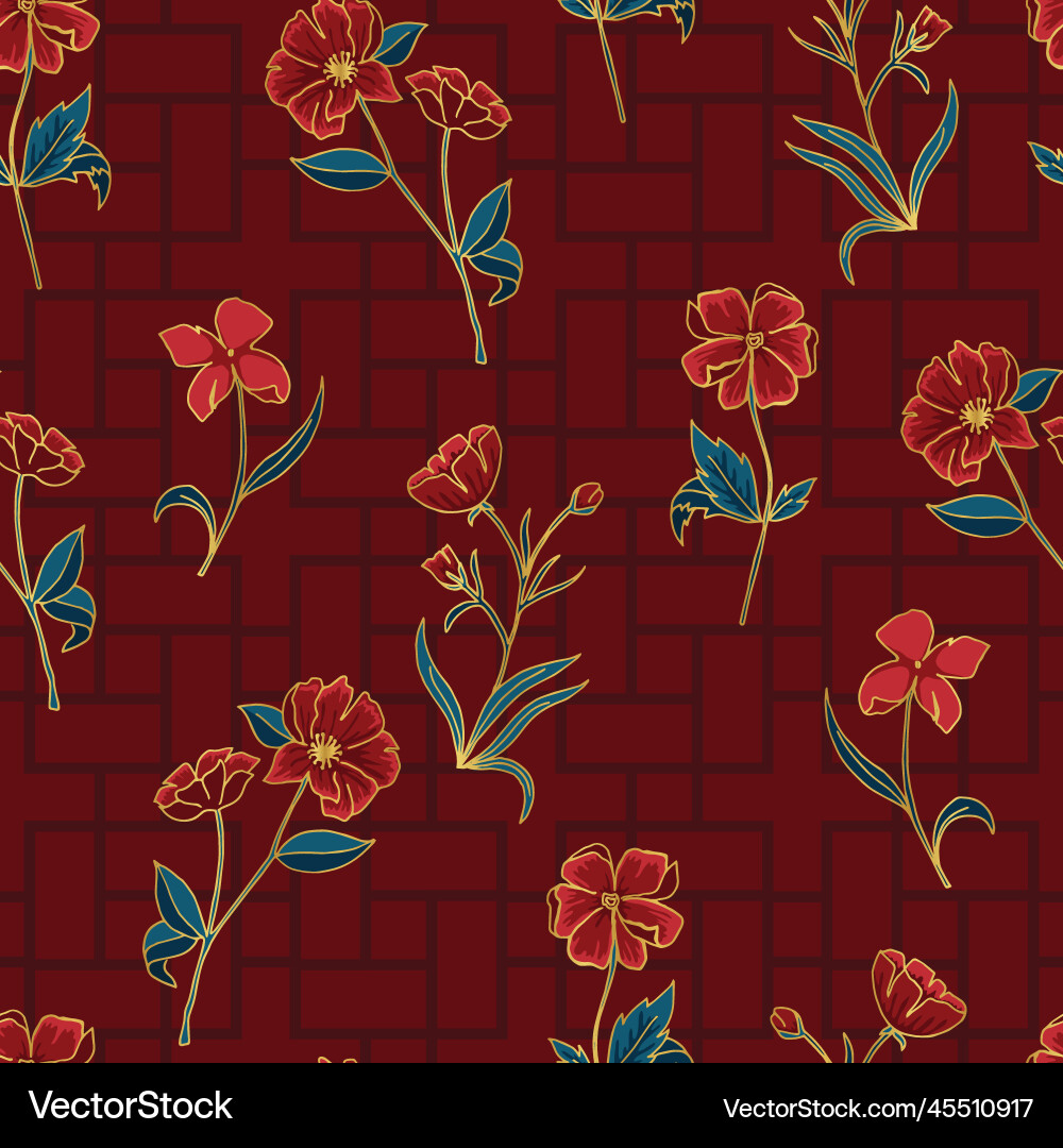 Red flowers with golden outline seamless pattern Vector Image