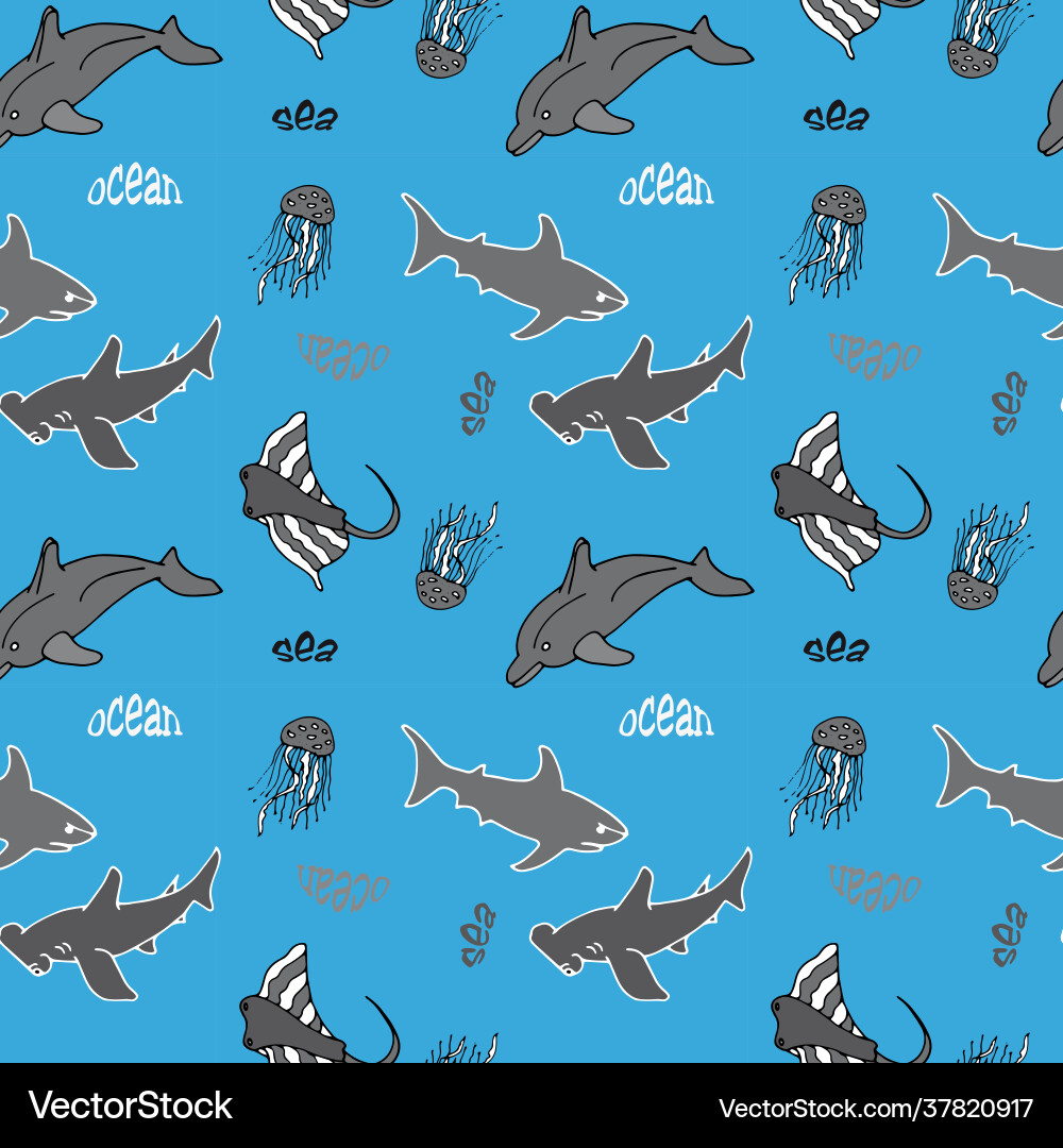 Sea world seamless pattern shark dolphin Vector Image