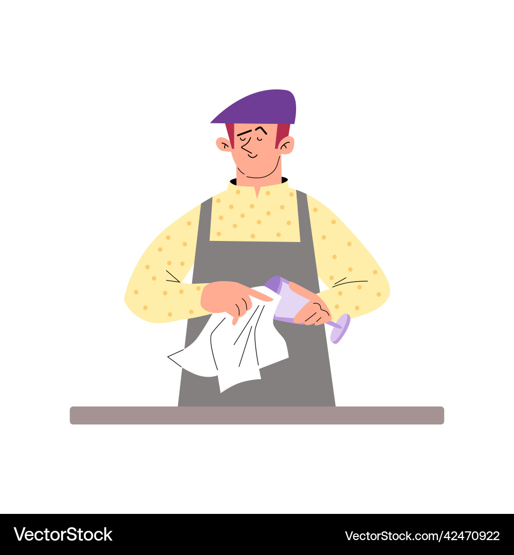 Bartender behind counter wipes the glass flat Vector Image