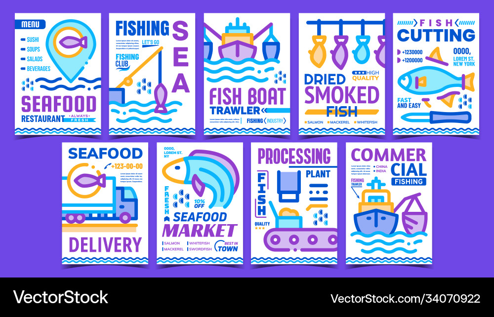 Fishing industry advertising posters set Vector Image