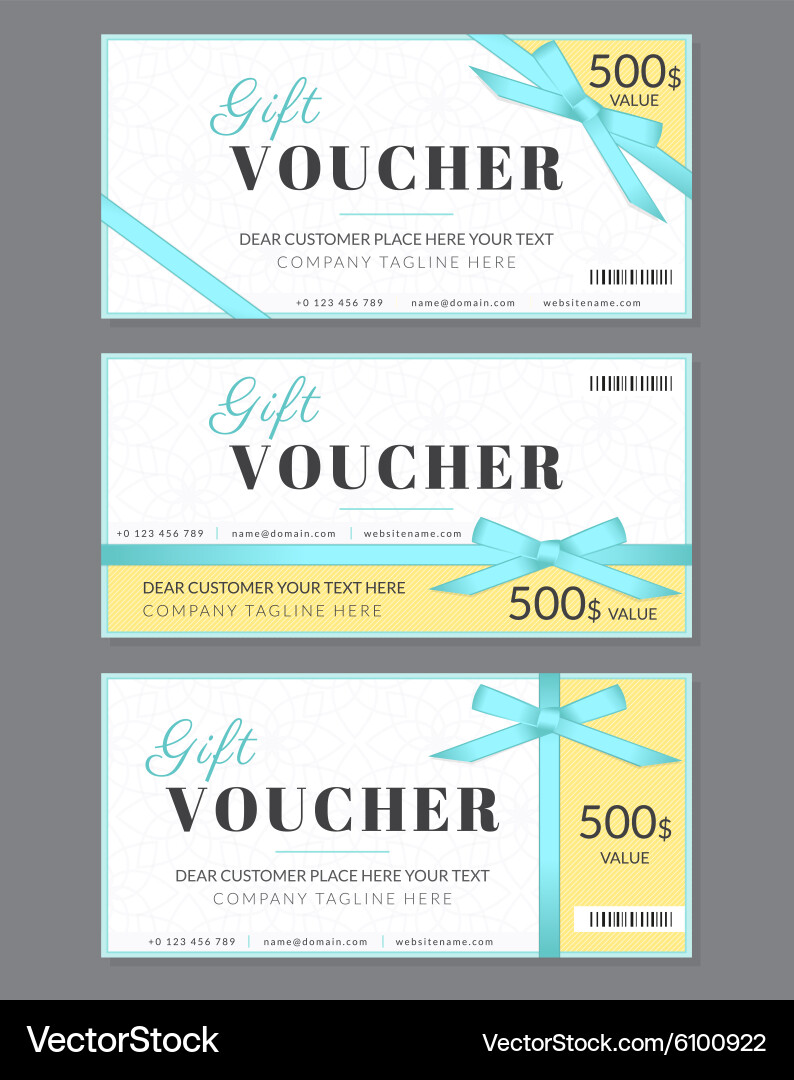 Gift voucher template with blue silk ribbon Vector Image