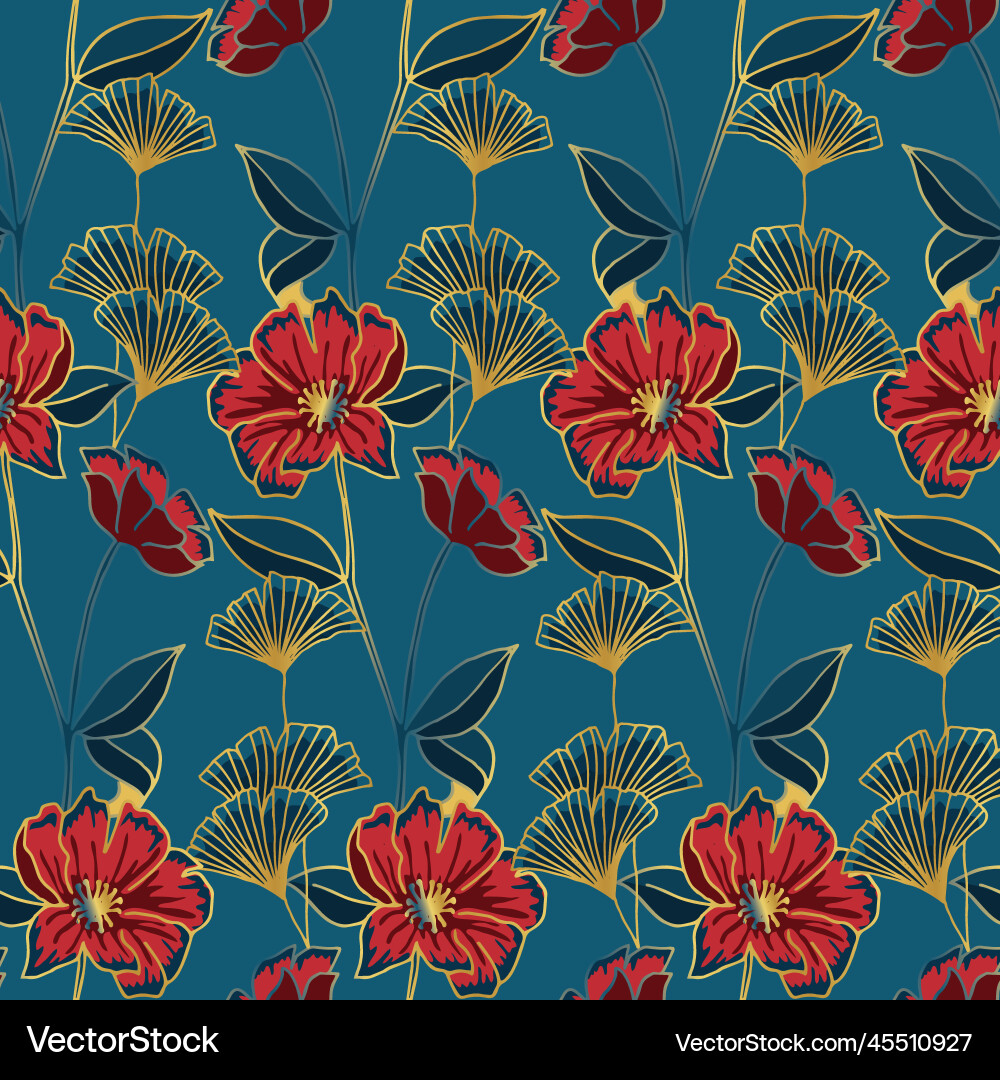 Red flowers with golden outline seamless pattern Vector Image