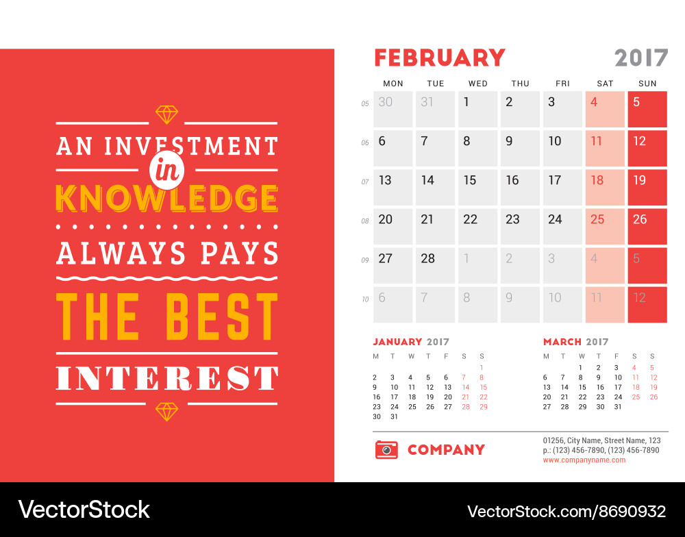 Desk calendar template for 2017 year february Vector Image